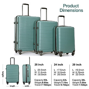 Tripcomp Luggage Sets 3piece Set Hardshell Luggage with Spinner Wheels, TSA Lock, Travel Suitcase Sets, 20 Inch Carry On, 24 Inch Mid-size, 28 Inch Large siutcase (Blue)