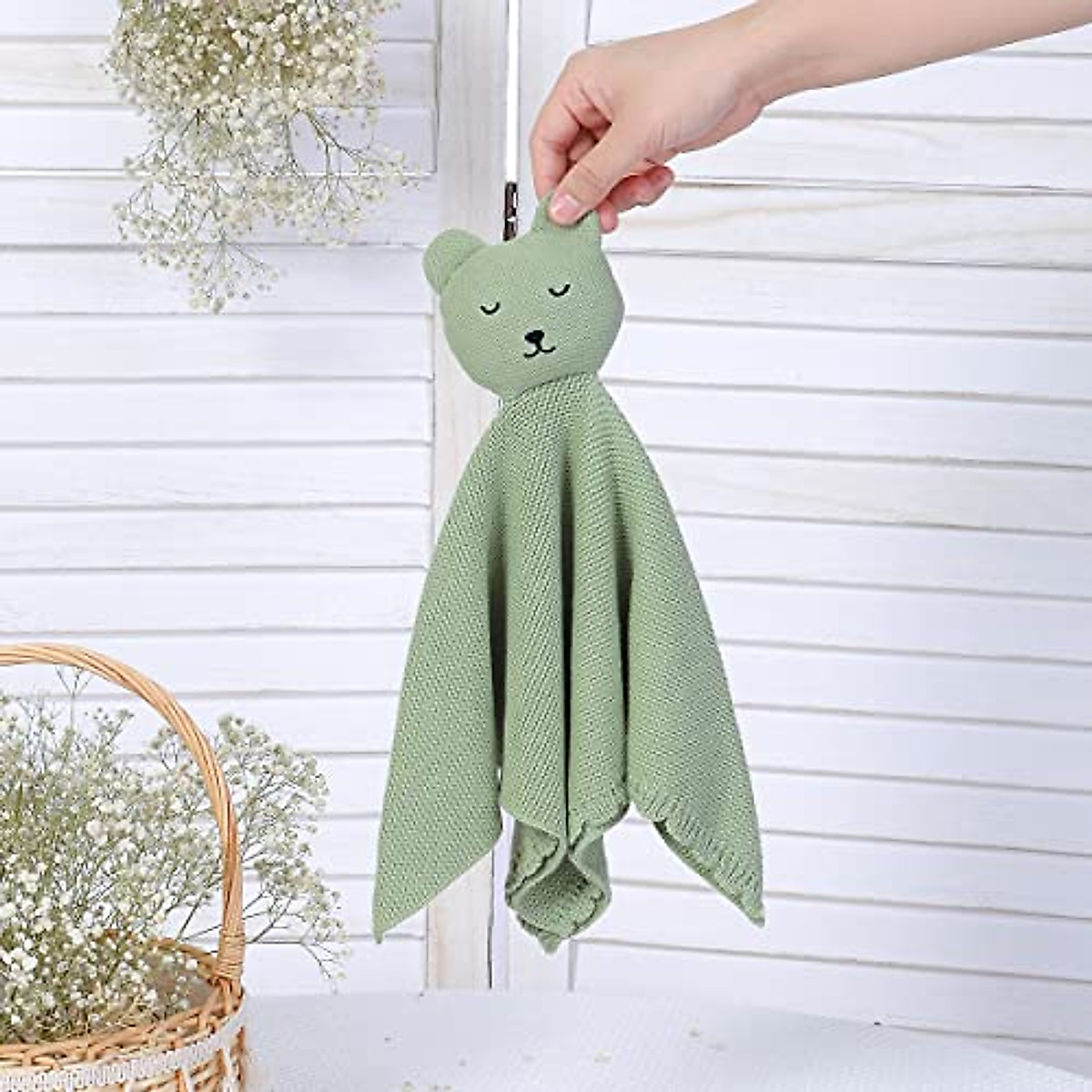 Hadetoto Baby Security Blanket Bear Newborn Babe Lovey Snuggly Adorable Cozy Cotton Baby Knit Blankets for Unisex Infants Boys and Girls Gifts, Light Green
