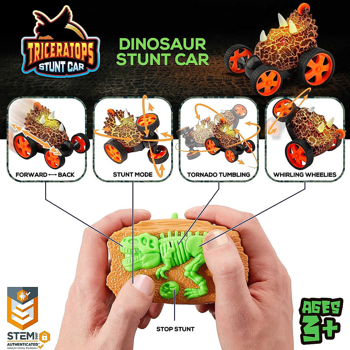 Force1 Tornado Remote Control Car AND Dino Whirler Triceratops Stunt Car Bundle- (1) Double Sided Fast Off-Road RC Stunt Car RC Crawler Rechargeable and (1) Fast Remote Control Mini Stunt Car for Kids
