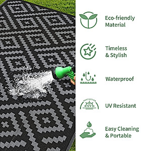 GENIMO Outdoor Rug for Patio Clearance,6'x9' Waterproof Mat,Reversible Plastic Camping Rugs,Rv,Porch,Deck,Camper,Balcony,Backyard,Black & Gray