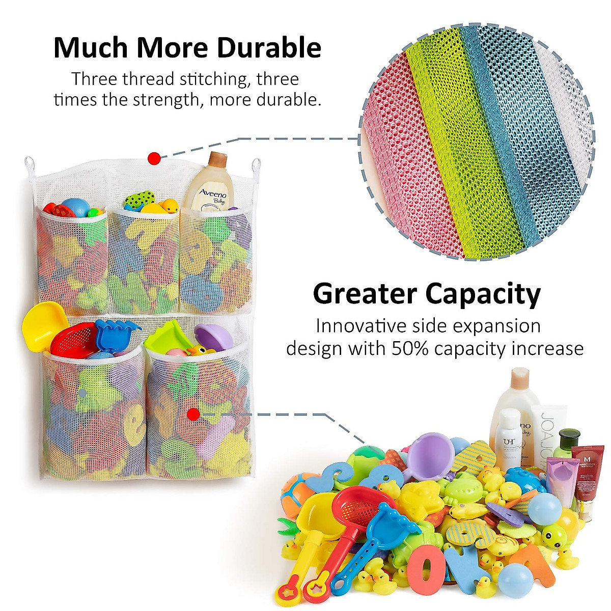 Mesh Bath Toy Organizer, 4 Ultra Strong Hooks, Bathtub Storage Bag, Multi-purpose Baby Toys Net, Toddler Shower Caddy for Bathroom, Kids Toy Holder with 5 Soap Pockets (16" x 23", White, M)