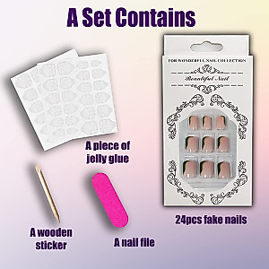 QINGGE Pink Press on Nails Short Length Square Fake Nails with Green Gold Stripe Design Fashion Stick on Nails Glue on Nails Glossy Acrylic Nails False Nails for Women 24Pcs