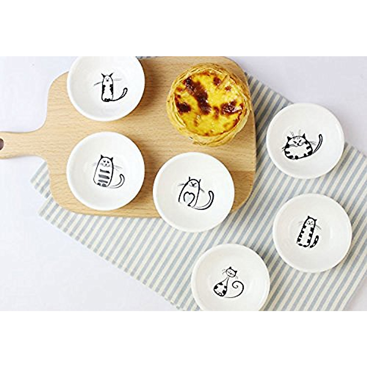 BigNoseDeer Super Cute Cat Ceramic Sauce Dish,Mini Side Seasoning Dish,Condiment Dishes,Sushi Soy Dipping Bowl,Snack Serving Dishes,Meow Porcelain Small Saucer Set(Set of 6)