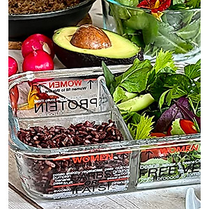 Portion Perfection Portion Control Container - Glass Meal Prep Containers Reusable for Food/Lunchbox 3pk, Oven-safe, 3 Compartment with Lids, Practical Weight Control, Clear Instruction Guide