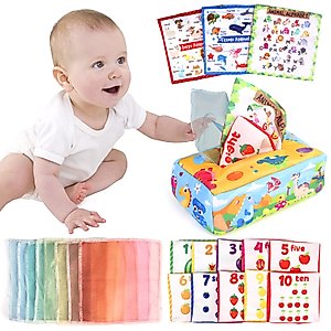 Joyfia Tissue Box Toy, Montessori Toys for Babies 0-12 Months, Soft High Contrast Crinkle Cloth Sensory Toys, Toddlers Infants Early Learning Developmental Gifts for 1+ Year Old Boys Girls Kids