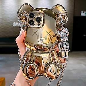 Cute Case Compatible with iPhone 13 Pro Max 6.7'', 3D Cartoon case Teddy Bear Sparkle Bling Cover with Metal Chain Strap Bell Pendant, Plating Soft TPU Shockproof Protective for Women & Girls (Gold)