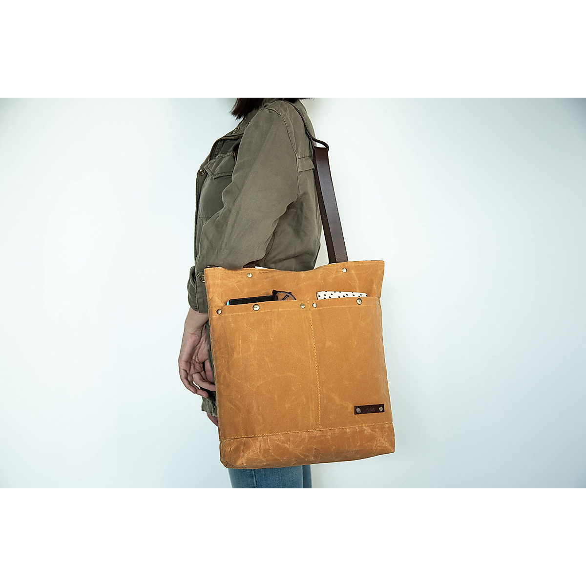 Small Convertible Totepack/Minimalist Slim Everyday Travel Daypack Women/ 14 Inch Laptop Backpack/ 8 Pocket College Bookbag/Waterproof Lining/Waxed Canvas & Leather/Urbanist (Pecan Brown)