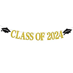 Class of 2024 Banner, Congrats Grad Bunting Sign for 2024 High School College Graduation Party Decorations Supplies, Black and Gold Glitter