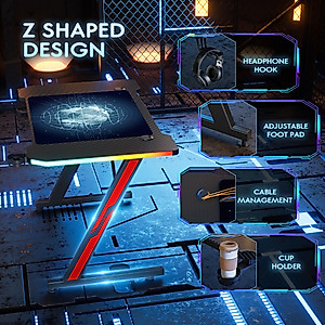 Homall Gaming Computer Desk with Carbon Fiber Surface, Gaming Table Z Shaped PC Home Office with Cup Holder&Headphone Hook(47 in, Black, Led Light)