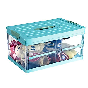 MineSign Foldable Storage Bins with Lid Stackable Plastic Storage Crate Folding Storage Container for Home Closet Bedroom Kitchen Camping Bins with Build in Handle Medium Blue