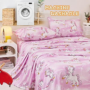 Yibeizi Unicorn Twin Sheets Set for Girls, Kids Cute Princess Printed Bedsheets Microfiber Deep Pocket Bed Sheet & Pillowcase Sets 3 Pieces