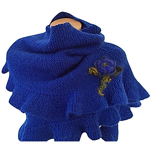 Royal Blue Hand Knit Ruffle Shawl, Scarf, Winter Fashion Women Accessory, Warm Wool Soft Wrap