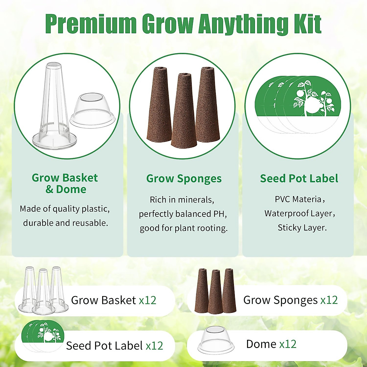 Seed Pod Kit Compatible with Aero Garden and All Brands - Grow Anything Kit for Indoor Garden Hydroponics Growing System with 12 Grow Sponges, 12 Pod Labels, 12 Plant Baskets Domes