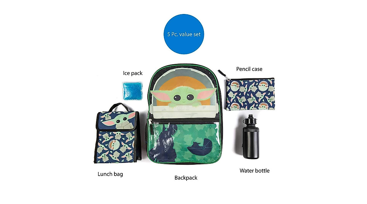 Star Wars Baby Yoda Backpack Set for Kids - 5 Piece School Bundle