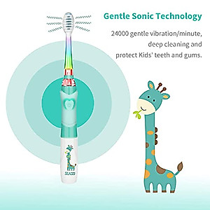 SEAGO Electric Toothbrush Children from 3-12 Years Kids Toothbrushes Electric with Colored Light Smart Timer 3 Soft Brush Heads Waterproof Baby Sonic Toothbrush for Girls Boys SG-977 (Green)