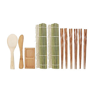 BambooMN Sushi Maker Kit 2x Green Bamboo Rolling Mats, 1x Rice Paddle, 1x Spreader, 1x Compartment Sauce Dish + 6 Prs Chopsticks | 100% Bamboo Mats and Utensils