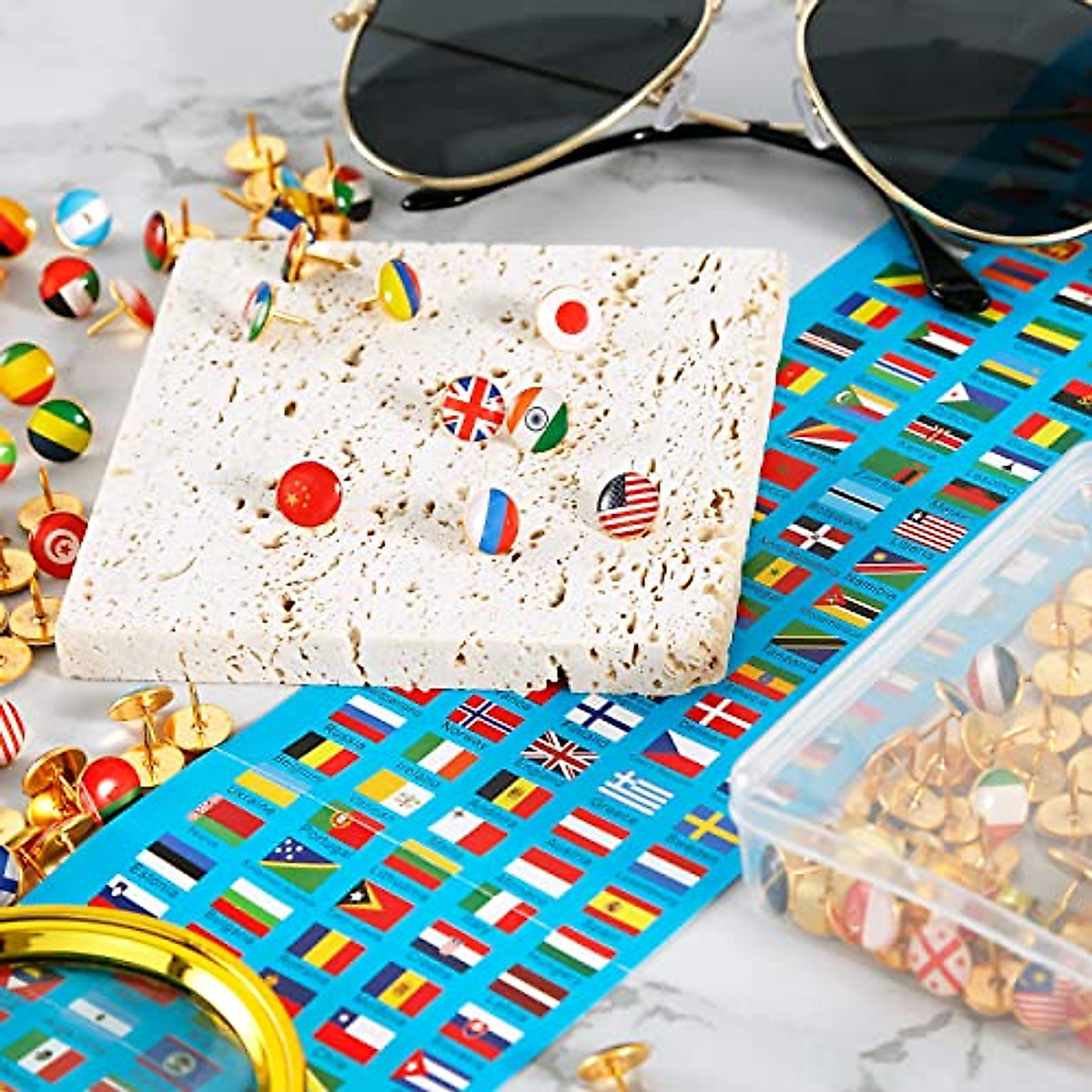 200 Pcs National Flag Thumb Tacks Country Flag Push Pins with National Flag Guide, Map Tacks Places I've Been Flag Map Push Pins for World Map Pins Flag Map Pins for Cork Board, Travel World Map