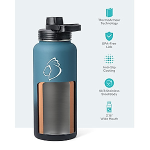BUZIO 32oz Insulated Stainless Steel Water Bottle with Straw Lid, Spout Lid, Hand Lid and Carrying Pouch, Double Wall Water Bottle, Leakproof BPA Free Water Falsk Travel Thermo, Indigo Crush