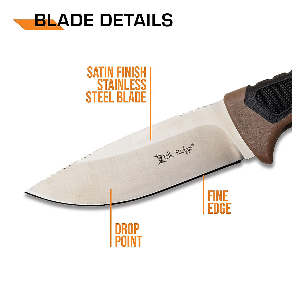 Elk Ridge - Outdoors Fixed Blade Knife - Satin Finish Stainless Steel Blade, Black/Brown Nylon Fiber Handle w/Rubber - Nylon Sheath, Fire Starter - Hunting, Camping, Survival - ER-200-23BR