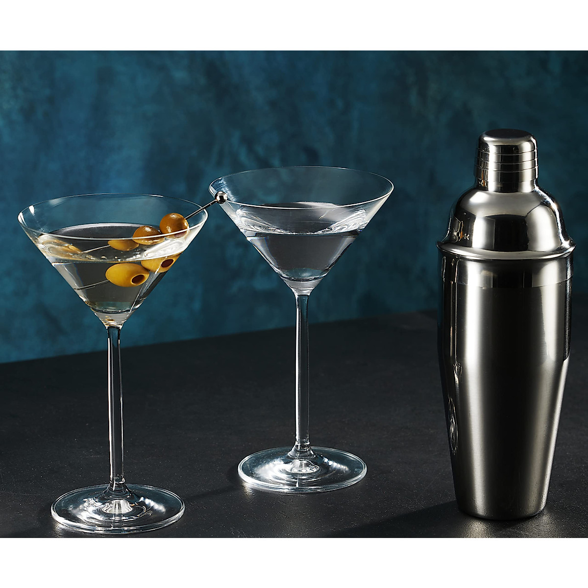 Godinger Cocktail Shaker Set and Martini Glasses Bar Set, Stainless Martini Shaker with Stemmed Cocktail Glasses and Double Jigger, 4 Piece Gift Set