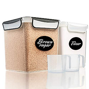 2 Large Airtight Food Storage Containers for Flour, Sugar 142oz - Kitchen Pantry Plastic Containers - Air Tight Canisters Set With Locking Lids - 4 Labels, Marker and 2 Measuring Cups(Black,White)