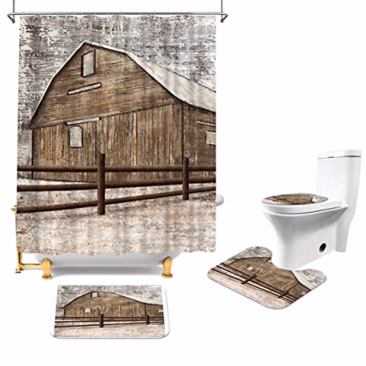 SiMiWOW Rustic Farmhouse Barn Shower Curtain Set with Bath Mat Bath Rugs Bathroom Decor Set of 4 Pieces