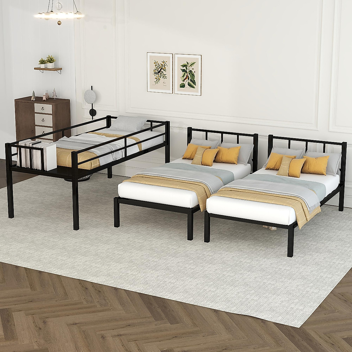 L Shaped Metal Triple Bunk Bed for 3 Kids, Twin over Twin & Twin Bunk Beds with Build in Ladder and Guardrails, Twin over Twin & Twin XL Triple Bunk for Kids, Teens, Adults, Black Triple Bunk Bed