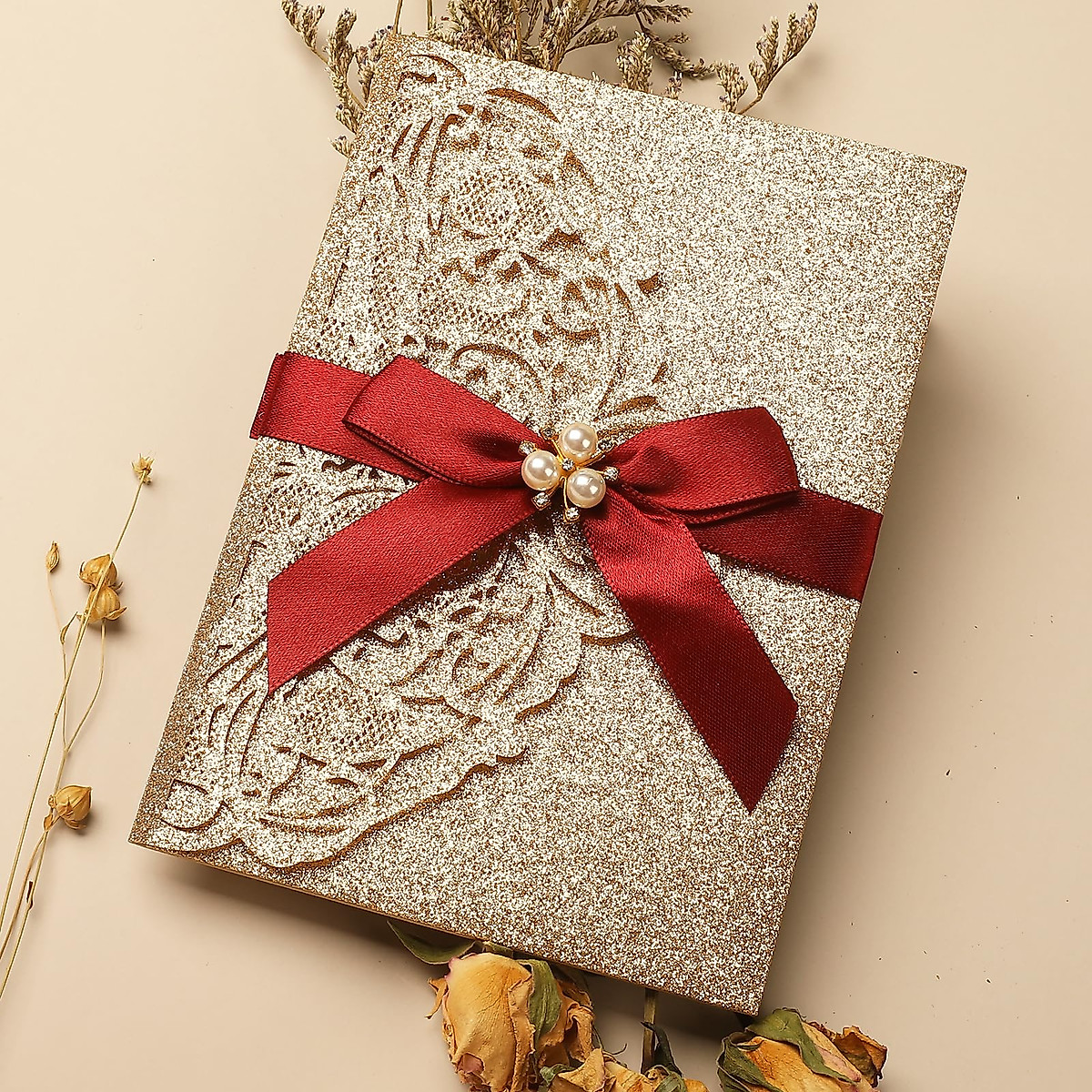 25Pcs Wedding Invitations with Envelopes and RSVP Cards Trifold Glitter Laser Cut Invitation Pocket Blank Invitations with Envelopes Rsvp Card for Wedding Quinceanera Bridal Baby Shower 15 años Custom