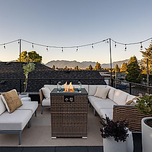 Senjoys 22in Outdoor Propane Gas Fire Pit Table, 40,000 BTU Auto-Ignition Gas Firepit with Glass Wind Guard, Painted Steel Tabletop, Mixed Color Glass Rocks, Brown PE Rattan