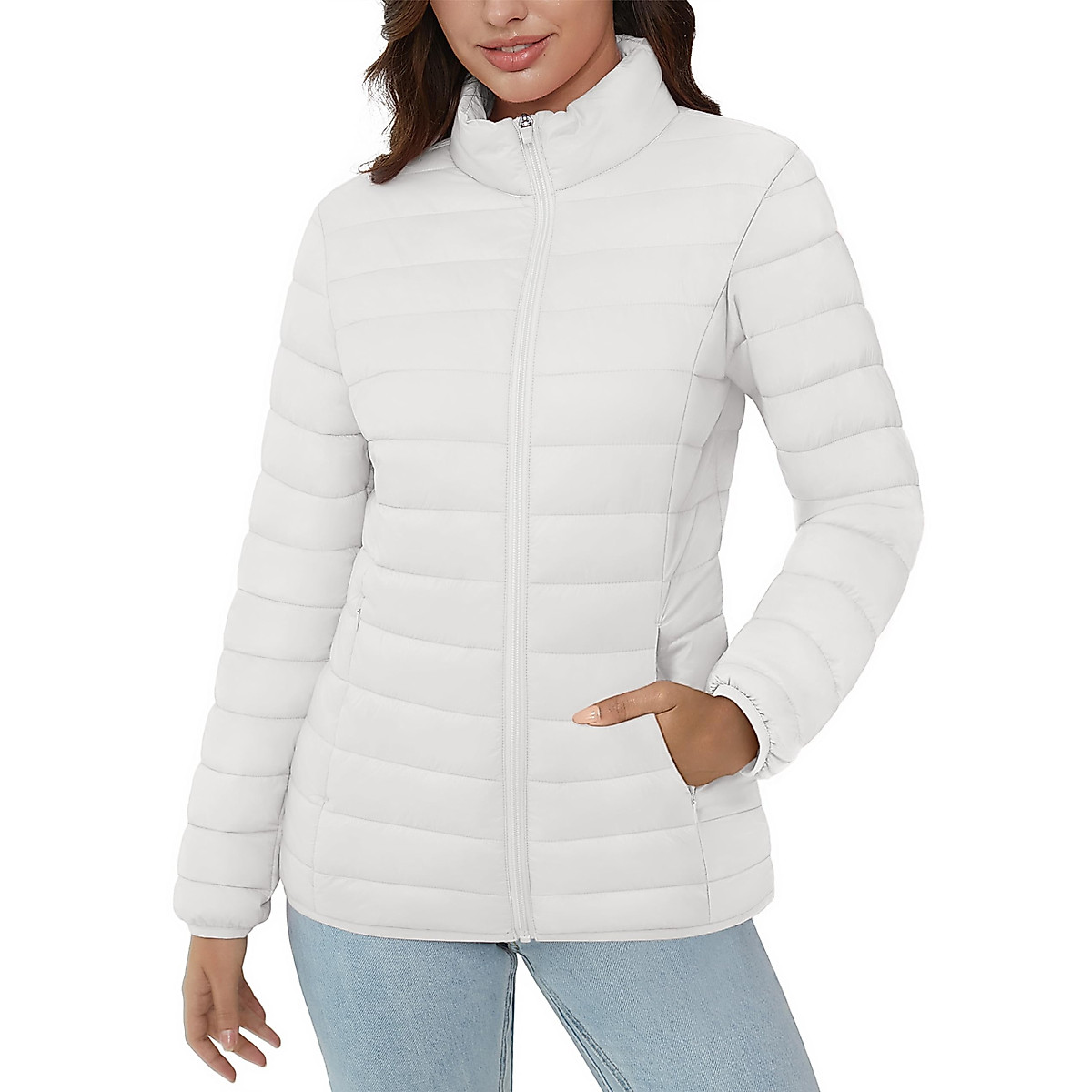 MAGCOMSEN Women's Puffer Jacket Ultra-lightweight Quilted 4 Pockets Full Zip Stand Collar Jackets Winter Warm Coat, White S