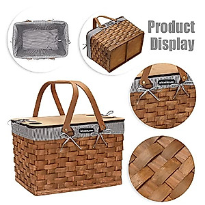 Picnic Basket Set for 2, Handmade Woodchip Basket with Wine Table & 2 Wooden Handles, Cutlery Service Kit, Best Gift for Couple, Valentine's Day,Christmas, Birthday, Wedding, Outdoor, Camping. 2P-Grey