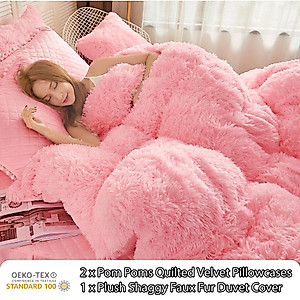 LIFEREVO Luxury Plush Shaggy Duvet Cover Set, Soft Velvet Fluffy Furry Duvet Cover Set(1 Faux Fur Fuzzy Comforter Cover + 2 Pom Poms Pillowcases) Solid Bedding Set, Zipper Closure(Full/Queen, Pink)