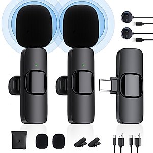 IUMAKEVP Wireless Lavalier Microphone for Type-C Port, Plug and Play Lapel Clip-on Mini Mic with Auto Sync and Noise Reduction for Streaming, TikTok, YouTube, Vlog, Interview (2 Mics)
