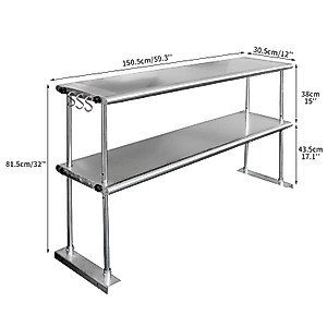Vlaeng 60" x 12" Stainless Steel Double Overshelf, Double Overshelf with 6 Hooks, Adjustable Commercial Double Shelf for 60" Prep Work Table in Restaurant, Home, Kitchen and Workshop