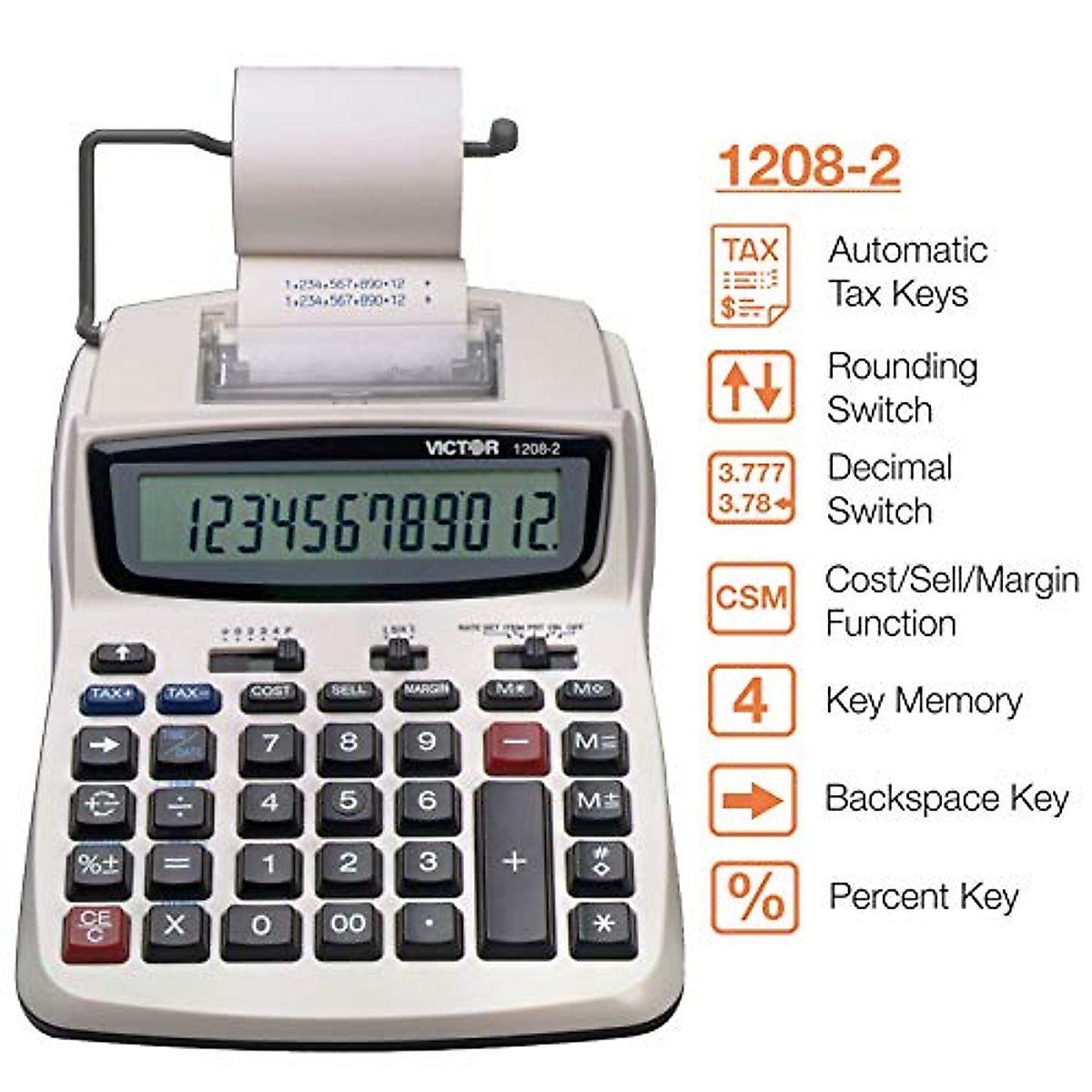 Victor Printing Calculator, 1208-2 Compact and Reliable Adding Machine with 12 Digit LCD Display, Battery or AC Powered, Includes Adapter,White