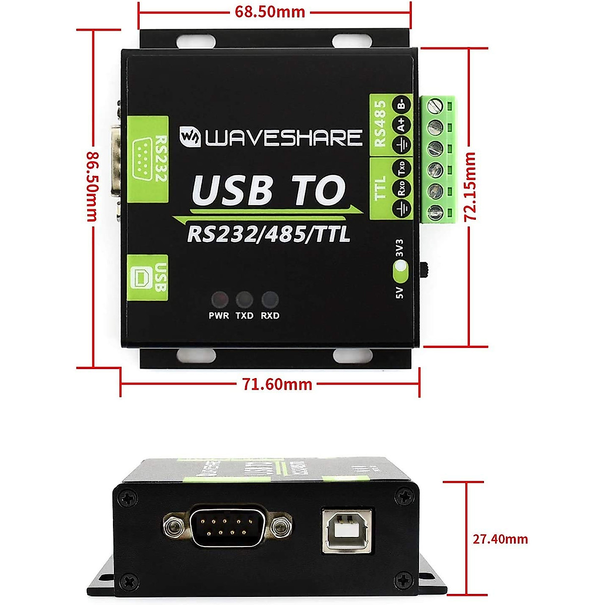 waveshare USB to RS232 / RS485 / TTL (UART) Industrial Isolated Converter with Original FT232RL Inside Aluminium Alloy Enclosure Power/ADI Magnetical Isolation,TVS Diode
