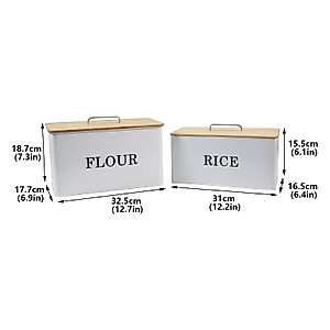 Gdfjiy Kitchen Canisters Set of 2, Metal Rice Storage Bin Flour Tin, Rustic Farmhouse Canister Jars, Food Storage Container for Rice Flour Soybean Grain Cereal-White