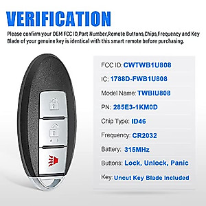 Keymall keyless Entry Remote car Key fob Replacement for for Nissan Cube Juke Leaf Quest CWTWB1U808 315MHz