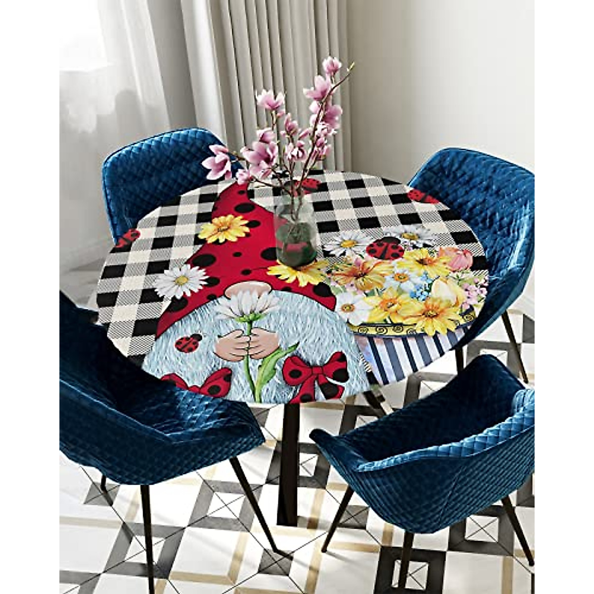 Spring Summer Sunflower Gnome Round Waterproof Table Cover Fitted Tablecloth,Black White Buffalo Plaid Check Wipeable Fabric Elastic Table Cloth Oil-Proof Tablecover for Outdoor Picnic Party,36"-44"