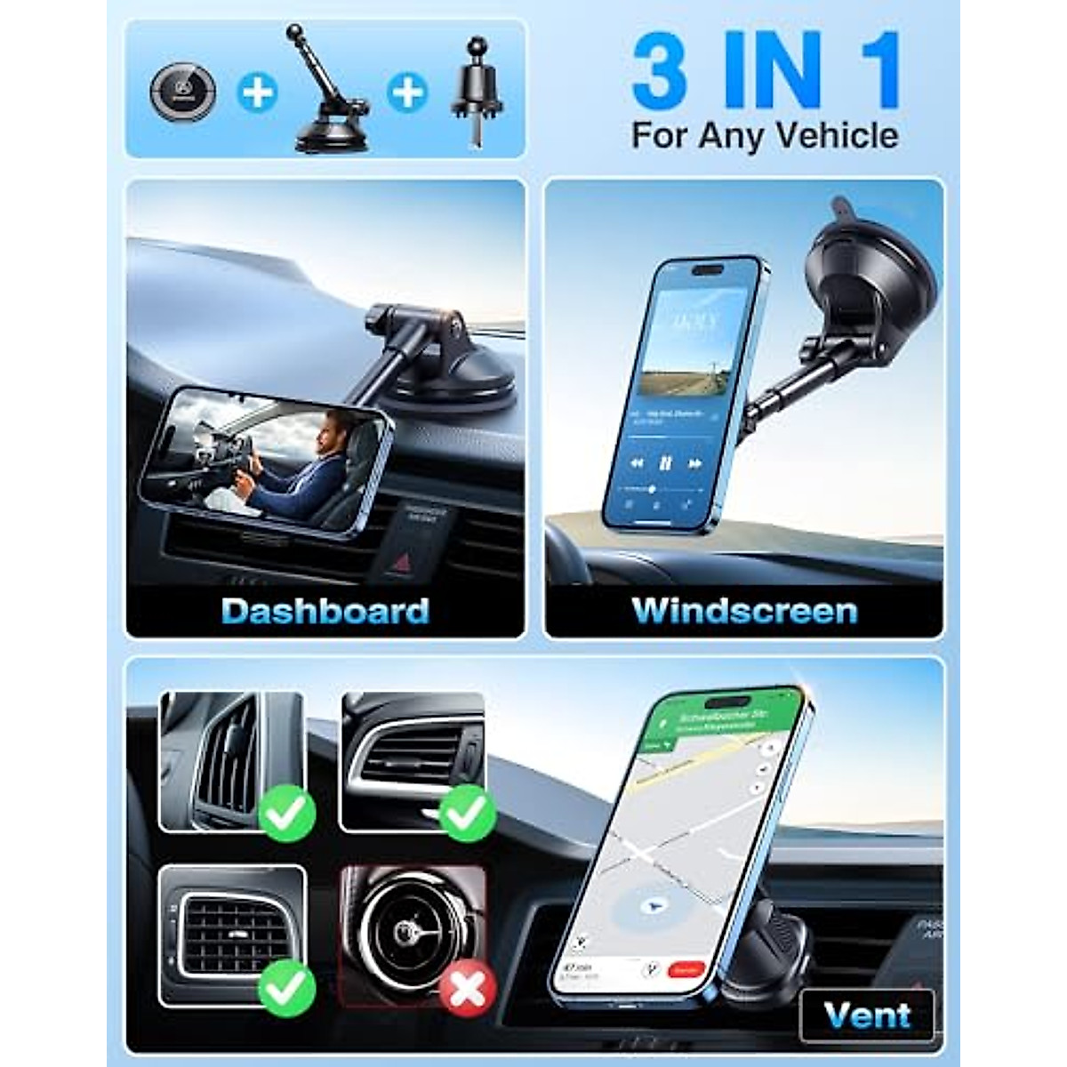 VANMASS Magnetic Cell Phone Holder for Car [2024 True Military-Grade] for MagSafe Car Mount Suction Cellphone Stand for Dashboard Windshield Vent, Magnet Dash Mobile Accessories for iPhone Android