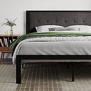 SHA CERLIN King Size Bed Frame with Upholstered Headboard, Platform Bed Frame with Metal Slats, Button Tufted Square Stitched Headboard, Noise Free, No Box Spring Needed, Easy Assembly, Dark Grey