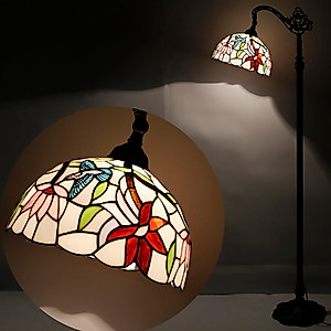 WERFACTORY Tiffany Floor Lamp Hummingbird Flower Stained Glass Arched Lamp 12X18X64 Inches Gooseneck Adjustable Corner Standing Reading Light Decor Bedroom Living Room S801 Series