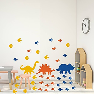 Dinosaur Wall Sticker Vinyl Footprints Decals for Nursery Bedroom Boys or Girls Room Playroom Classroom Living Room Orange Blue Yellow 63pcs