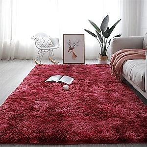 Lifup Soft Fluffy Modern Fuzzy Abstract Area Rug, Cozy Plush Rectangle Rug Shaggy Carpet for Living Room Bedroom Home Décor Tie Dye Wine Red 6.6 x 6.6 Feet