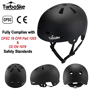 TurboSke Skateboard Helmet, BMX Helmet, Multi-Sport Helmet, Bike Helmet for Kids, Youth, Men, Women (Black, S/M (20.5"-22.8"))