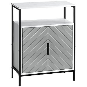 HOMCOM Storage Cabinet with Open Shelf and Double Door Cupboard, Accent Cabinet with Herringbone Panel and Steel Frame, Gray