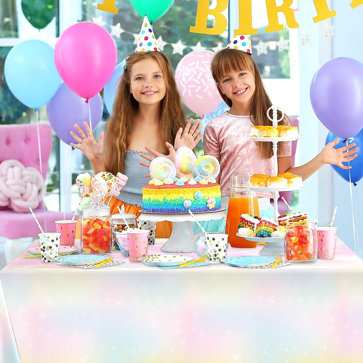 3 Pieces Pastel Rainbow Tablecloths Disposable Tablecloth Waterproof Plastic Table Cover Pastel Rainbow Party Decorations Pastel Party Supplies for Birthday Wedding Bridal Shower Party, 108 x 54 Inch