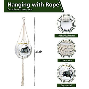 RUBY.Q Disco Ball Planter, 4"/6"/8" Silver/Rose Gold Disco Planter, Disco Ball Plant Hanger with Rope Chain Circle (8", Silver)