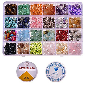 4~8mm Crystal Beads for DIY Jewelry Making, Chips Gemstone Beads Kit,24 Colors Natural Gemstones Beads Kit with Organizer Box & 2 Rolls of Crystal String for Making Jewelry Supplies Necklace Type H