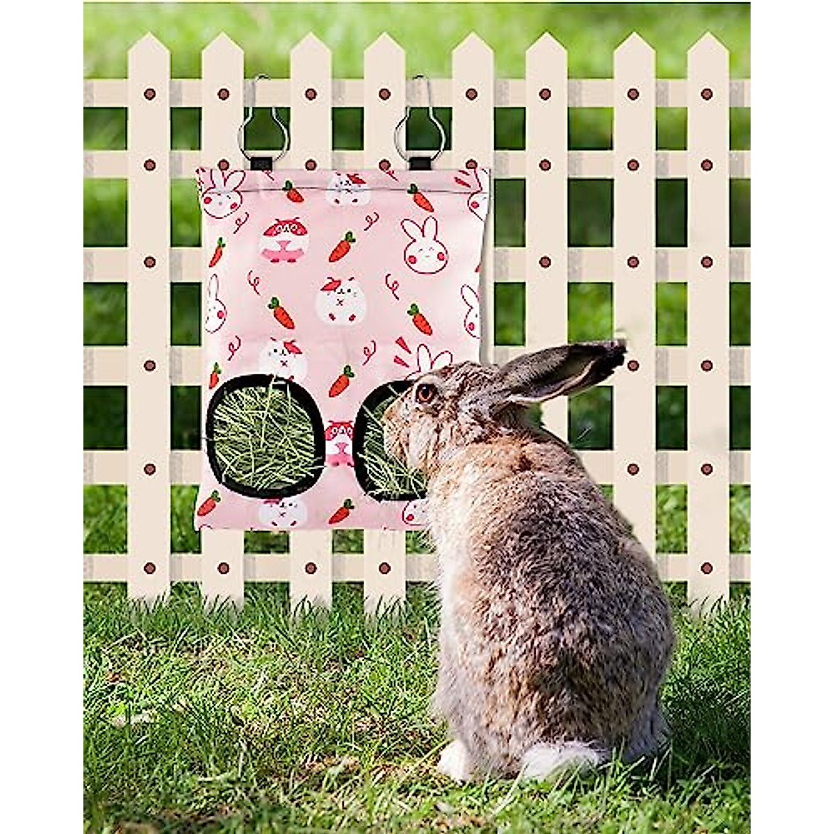 Bissap Rabbit Hay Feeder Bag, 2 Holes Hanging Hay Feeder Guinea Pig Hay Bag for Rabbits Bunny Chinchillas Hamsters Rats and Other Small Pets Small Animal - S (Pink)